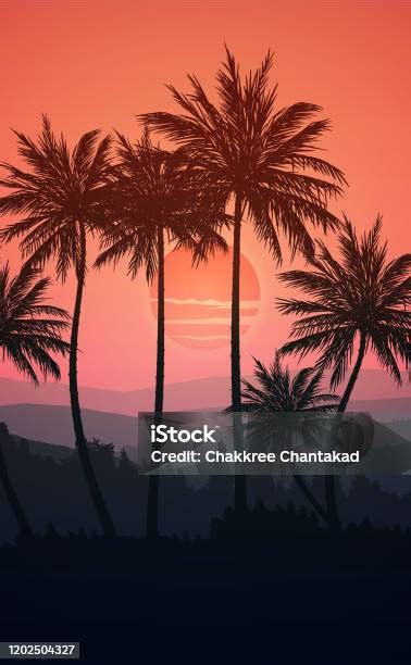 자연 코코넛 나무 산 수평선 언덕 실루엣의 나무와 언덕의 저녁 일출과 일몰 풍경 벽지 일러스트 벡터 스타일 다채로운보기 배경 0명에 대한 스톡 벡터 아트 및 기타 이미지