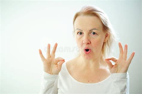 Closeup Image Of A Adult Woman Making And Showing Ok Hand Sign Pin Up Retro Girl With Curly Hair