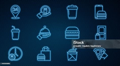 세트 라인 온라인 주문 피자 배달 그리고 갈 커피 컵 트레이 음식으로 덮여 시계 햄버거 및 아이콘으로 덮여 있습니다 벡터 0명에 대한 스톡 벡터 아트 및 기타 이미지