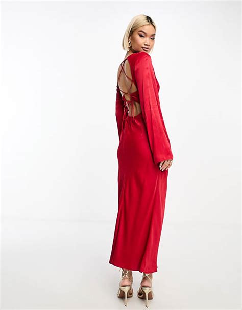 And Other Stories Satin Lace Up Open Back Midi Dress In Red Asos