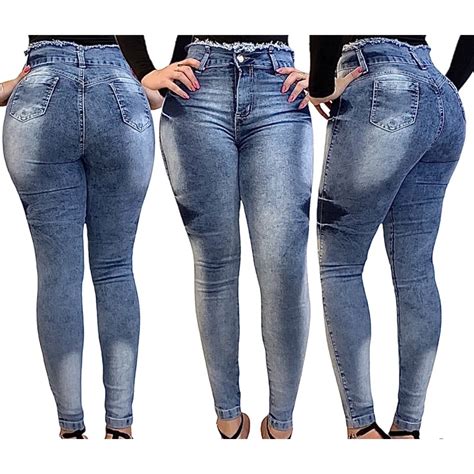 Calça jeans feminina skinny elastano cintura alta levanta bumbum