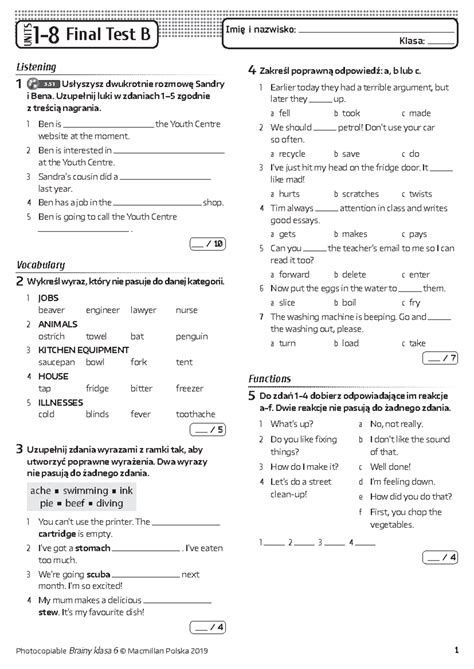 Brainy Klasa 6 Final Test B Units 1 8 Assessment Studocu