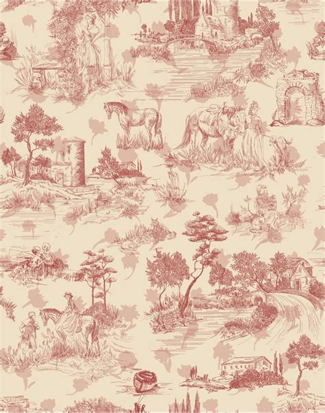 Red French Toile Wallpaper Toile De Jouy Wallpaper Removable Peel And