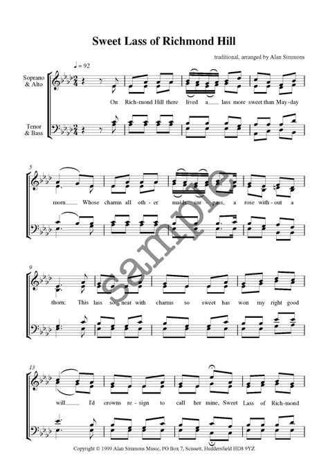 Sweet Lass Of Richmond Hill Satb Alan Simmons Music Choral Sheet