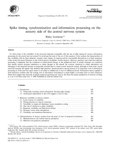Pdf Spike Timing Synchronization And Information Processing On The Sensory Side Of The
