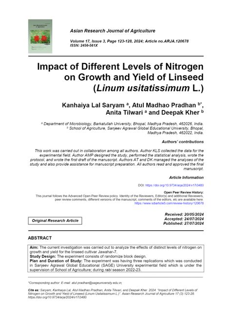 Pdf Impact Of Different Levels Of Nitrogen On Growth And Yield Of