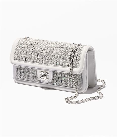 Bolso pequeño con solapa Tweed piel de cordero y metal plateado gris claro blanco y negro