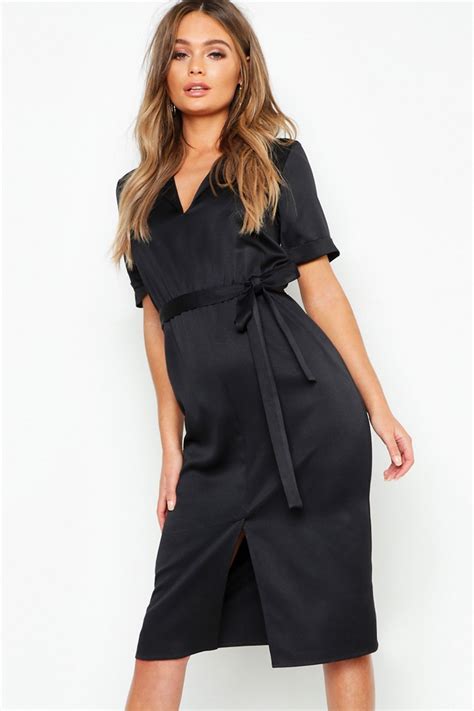 Satin Tie Waist Midi Shirt Dress Tie Waist Shirt Dress Backless Prom