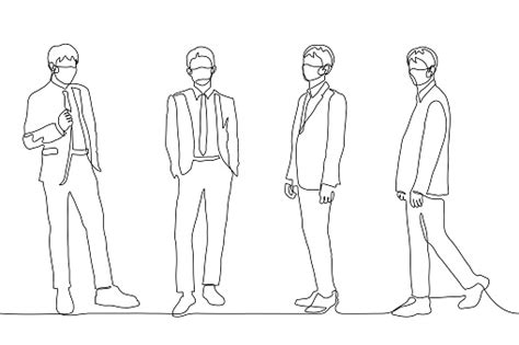 의료용 마스크를 쓴 비즈니스 정장을 입은 네 명의 남자가 자신감 넘치는 자세로 서 있습니다 젊고 매력적인 사업가들의 남성 실루엣