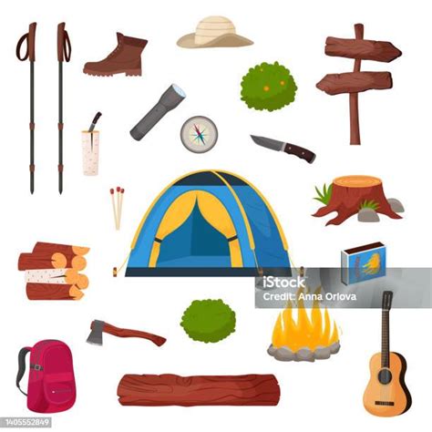 캠핑 및 하이킹 세트 야생 텐트 배낭 지도 도끼 캠프 파이어 및 기타 캠핑 장비에서 생존을위한 여름 캠프 여행 도구 수집 묶음에 대한 스톡 벡터 아트 및 기타 이미지
