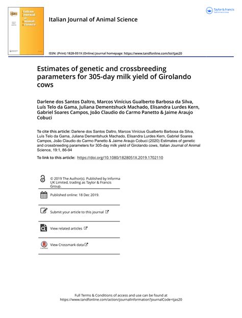 Pdf Estimates Of Genetic And Crossbreeding Parameters For 305 Day Milk Yield Of Girolando Cows