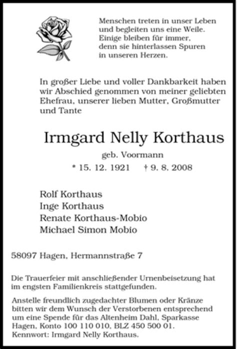 Trauer Und Todesanzeigen Von Irmgard Nelly Korthaus Trauer De
