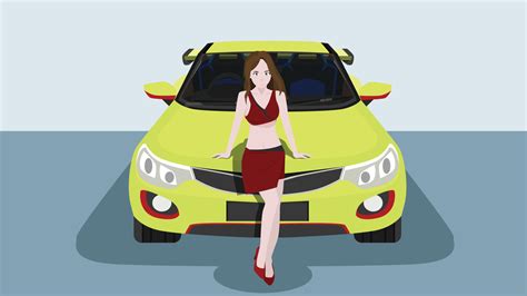 Vector Or Illustration Of Pretty Girl Standing Front Of Sport Yellow Car Inside Car Visible