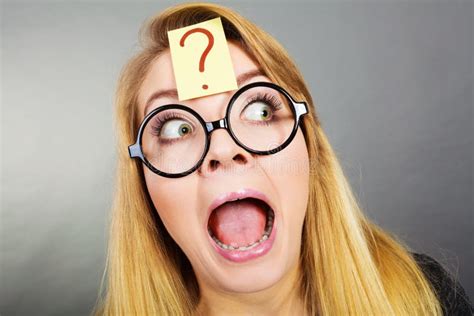 Weirdo Nerd Woman Having Question Mark On Forehead Stock Image Image