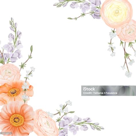 스프링 사각형 프레임 테두리 라넌큘러스와 아이슬란드 양귀비 꽃 프리지아 스노우 버드나무 가지의 코너 꽃다발 수채화 손으로 그린 식물 그림은 흰색 배경에 고립되어 있습니다