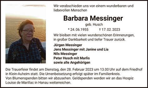 Traueranzeigen Von Barbara Messinger Trauer Op Online De