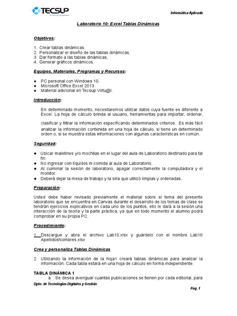 L10 Excel Tablas Dinámicas 1 Pdf Microsoft Excel Laboratorios