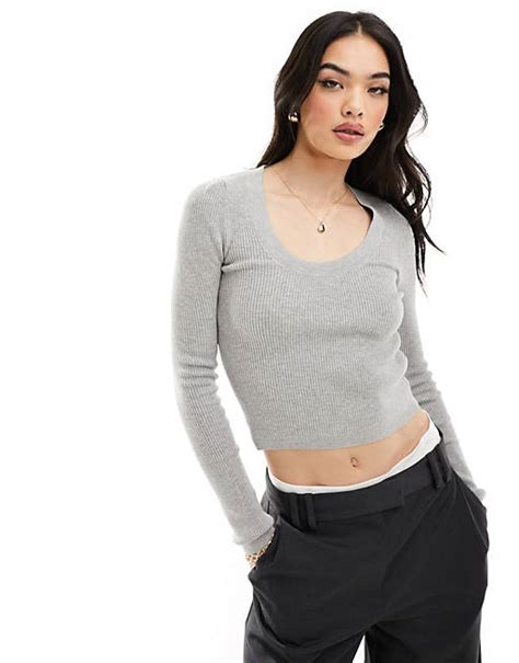 Asos Design Pull En Maille Côtelée Fine à Encolure Dégagée Gris Asos