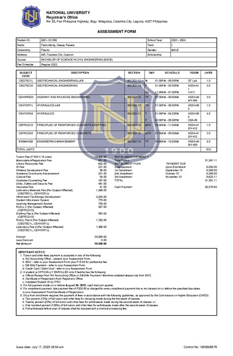 Assessment Form 2021 121296 National University Registrars Office Km 53 Pan Philippine