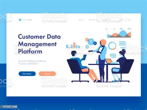 사람들 팀에서 작업 하 고 그래프와 상호 작용 비즈니스 워크플로 관리 및 사무실 상황입니다 방문 페이지 템플릿입니다 평면 벡터 일러스트입니다 3차원 형태에 대한 스톡 벡터