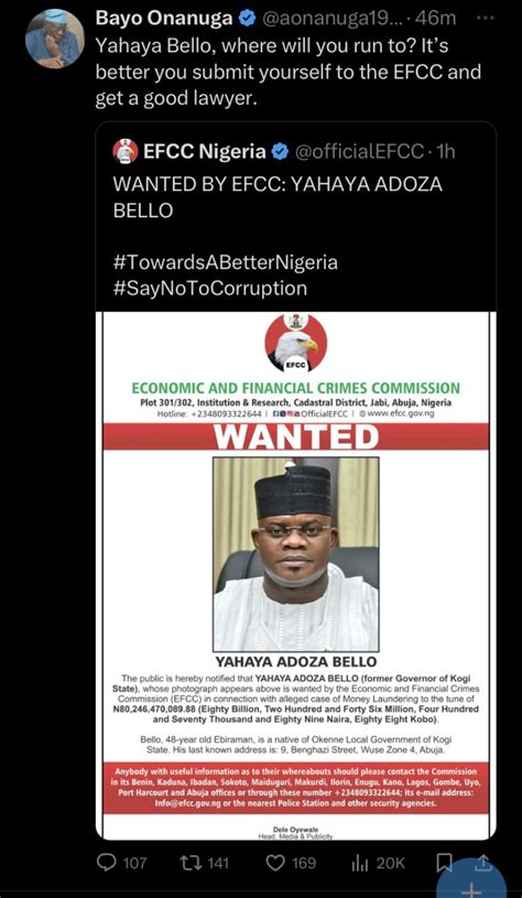 Breaking Presidency Speaks As Efcc Declares Yahaya Bello Wanted