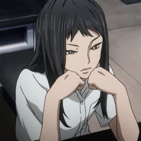 An Anime Girl Sitting At A Desk With Her Hand On Her Chin And Looking Off To The Side
