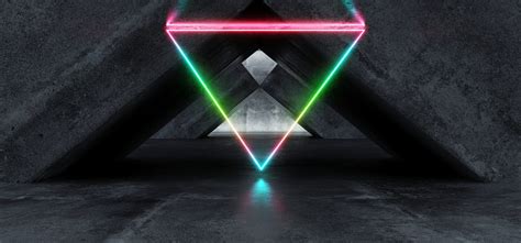 활기찬 삼각형 네온 배경 빛나는 무지개 블루 핑크 바이올렛 경로 트랙 게이트 입구 공상 과학 소설 미래 가상 현실 어두운 터널 콘크리트 그런 지 반사 레이저 조명 3d