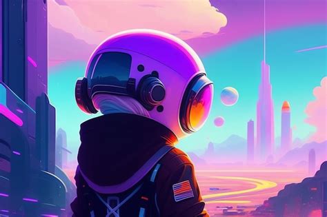 Premium Photo A Purple Robot With A Purple Helmet Stands In A Cityscape