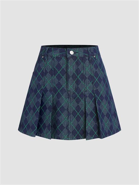 Denim Skirts Jean Skirt Denim Argyle Plaid Pleated Denim Mini Skirt For