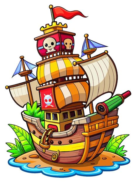 Cartoon Pirate Ship White Background Sticker Vector Illustration