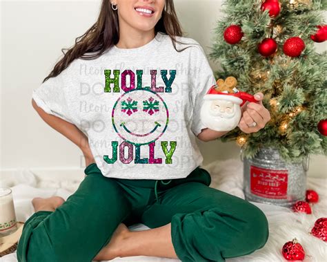 Holly Jolly Glitter Smiley Dtf Transfer Theneonflamingoshop