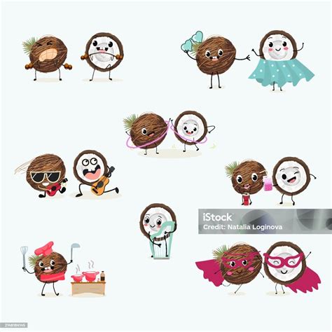 귀여운 코코넛 과일 캐릭터 세트 컬렉션 평면 벡터 그림입니다 활동 악기 연주 스포츠 재미있는 과일 감정에 대한 스톡 벡터 아트 및 기타 이미지 Istock