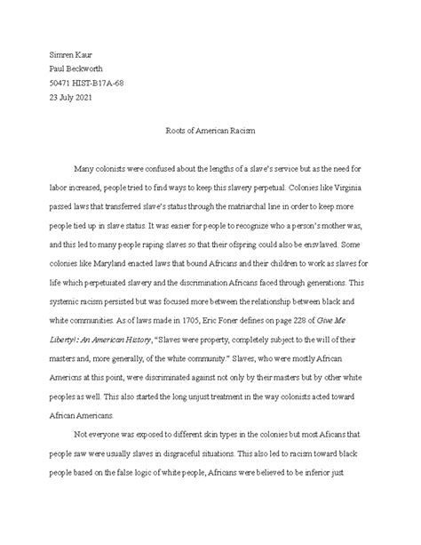 Roots Of American Racism Simren Kaur Simren Kaur Paul Beckworth 50471 Hist B17a 23 July