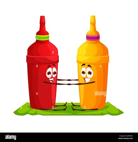 Cartoon Ketchup And Mustard Bottle Characters On Yoga Fitness Fast