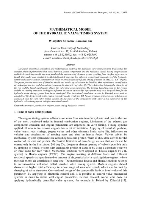 Pdf Mathematical Model Of The Hydraulic Valve Timing System