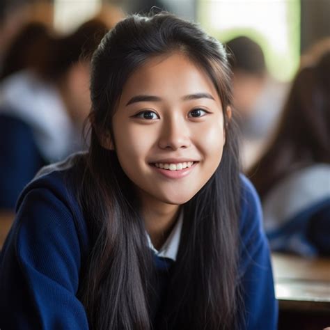 Educación De Niñas Asiáticas Feliz Hermosa Niña Asiática Está Sonriendo