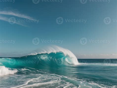 Turquoise Ocean Wave Crashing In Serene Blue Sea Under Clear Sky