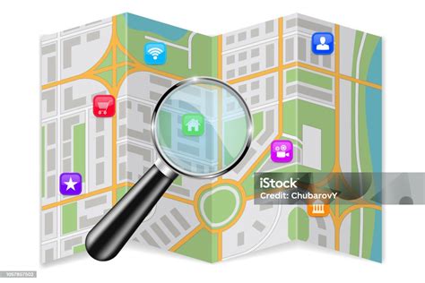 Plattegrond Met Locatie Pictogrammen En Vergrootglas Stockvectorkunst