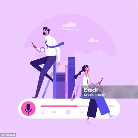 온라인 팟캐스팅 온라인 라디오 쇼 평면 벡터 일러스트레이션의 개념 듣기에 대한 스톡 벡터 아트 및 기타 이미지 듣기 헤드폰