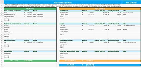 Personal Assets And Debts Calculator Template
