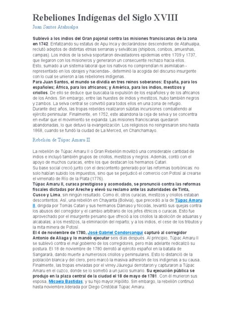 Rebeliones Indígenas Del Siglo Xviii Pdf Antiguas Colonias
