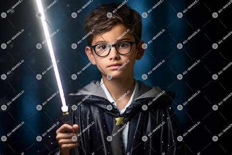 Un Garçon Portant Des Lunettes Et Une Cape Tenant Un Sabre Léger
