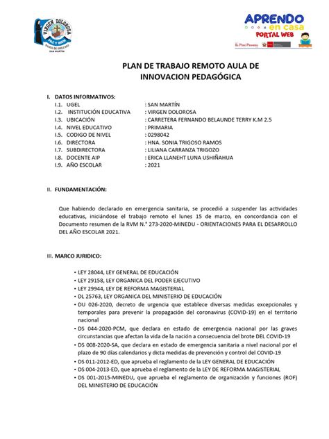 Plan De Emergencia De Trabajo Remoto Aip 2021 Pdf Enseñando Estado De Emergencia
