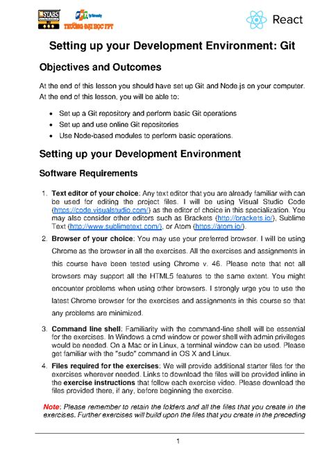Exercise 1 Setting Up Git 1 Setting Up Your Development Environment
