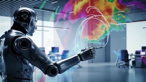 Robot Interacts With Colorful Digital Elements In Modern Office Setting Stock Footage Video Of
