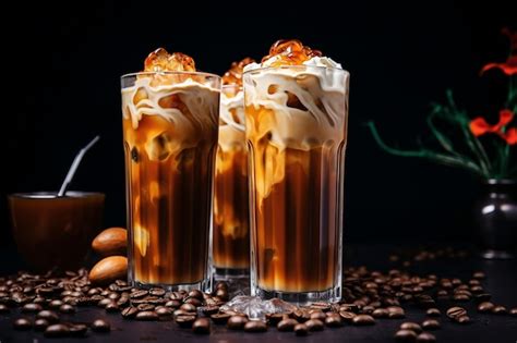 Premium Photo Photograph Iced Caramel Macchiatos With Caramel Drizzle