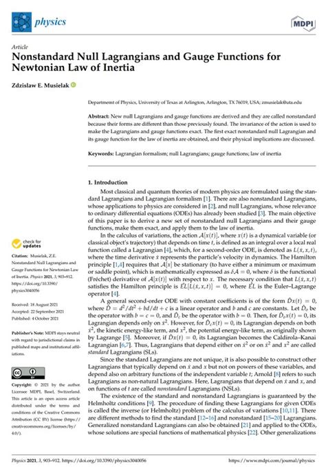 Physics Mdpi On Linkedin Lagrangian Newtonian Lawofinertia Physics
