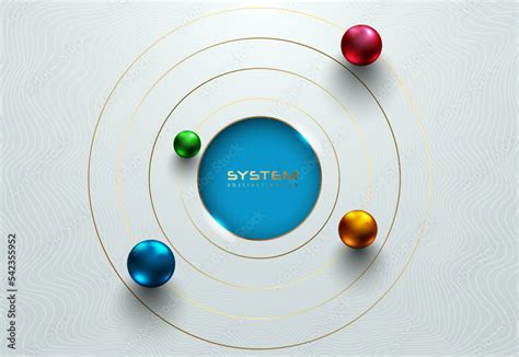 Shiny Metallic Spheres Orbit Around Cut Blue Center Frame On White Background Science Or