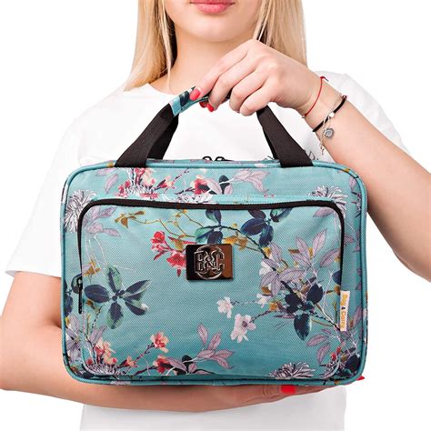 Large Hanging Travel Cosmetic Bag For Women Turquoise Flowers Makeup