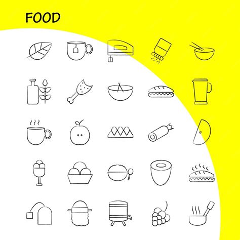 Infographics Mobile Uxui 키트 및 인쇄 디자인을 위한 음식 손으로 그린 아이콘 설정 냄비 요리 음식 식사